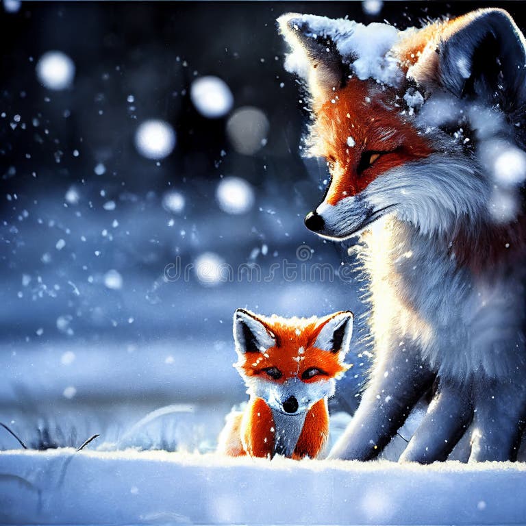 Mother Fox with Baby Fox on Snow Stock Illustration - Illustration of ...
