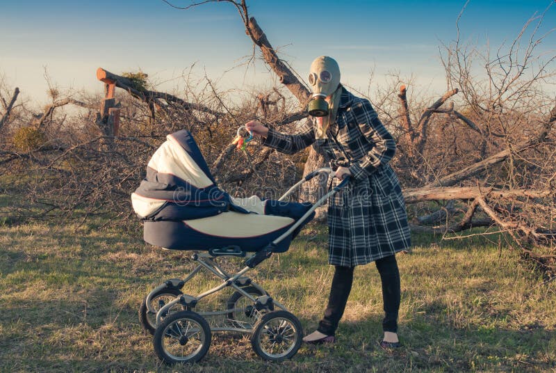 Mother in Gas Mask with Baby Buggy Stock Image - Image of defense ...