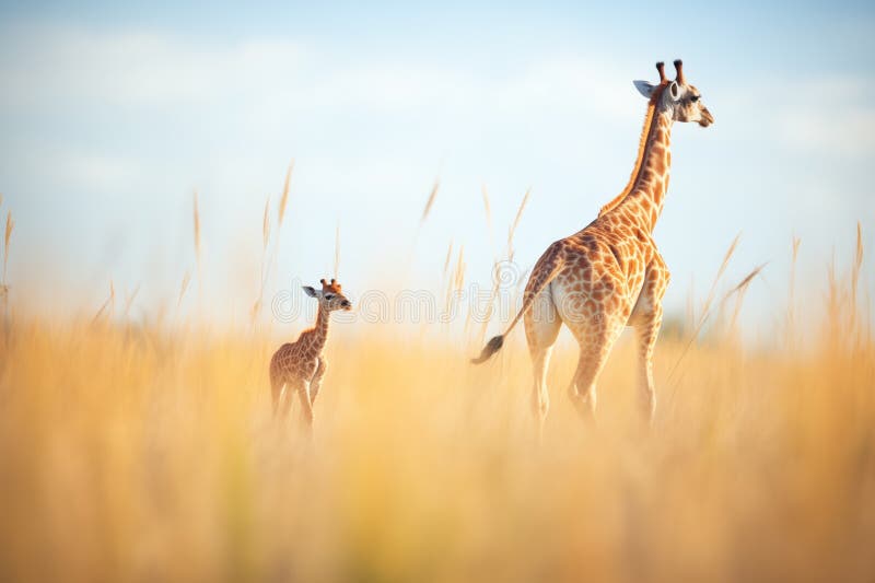 Mother Giraffe Guiding Calf through Open Field Stock Photo - Image of ...