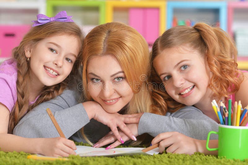 Mother and Girls Drawing with Pencils Stock Photo - Image of learning ...