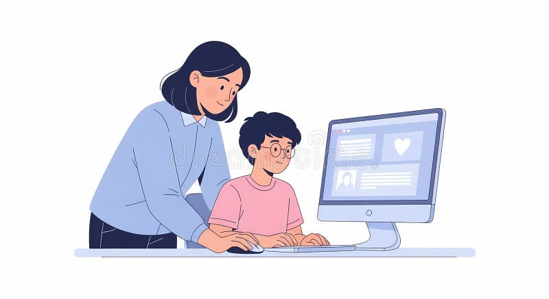 Mother Helping Son on Computer, Online Learning and Homeschooling ...