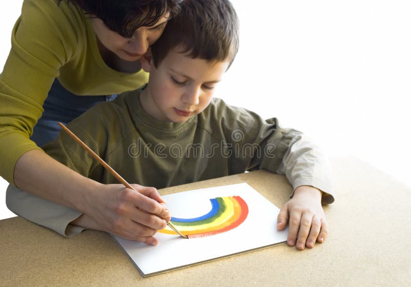 Mother helps son isolated stock image. Image of learn - 13124905