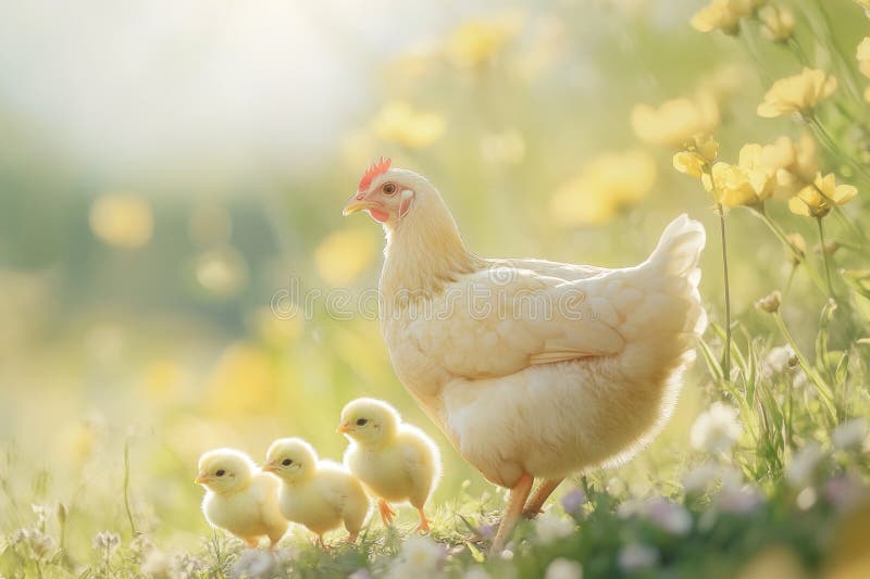 Mother Hen with Baby Chicks in a Sunny Meadow Stock Photo - Image of ...
