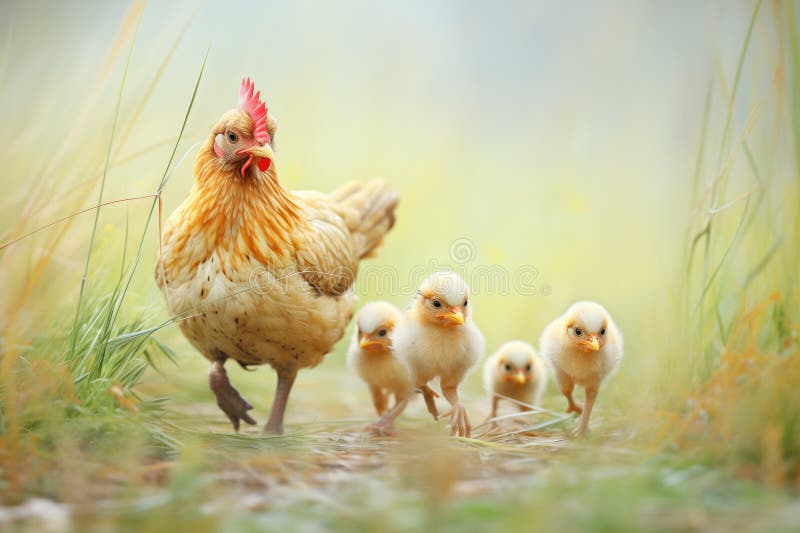 Mother Hen Leading Chicks Across Grass Stock Illustration ...