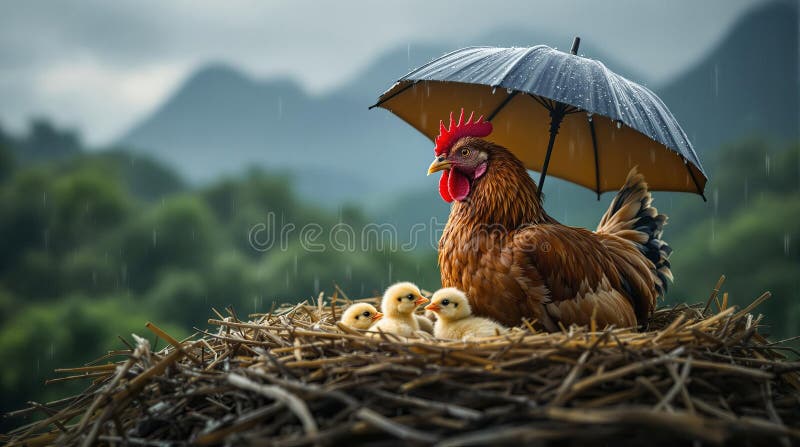 Mother Hen Sheltering Chicks Under Umbrella in Rainy Mountain Landscape ...
