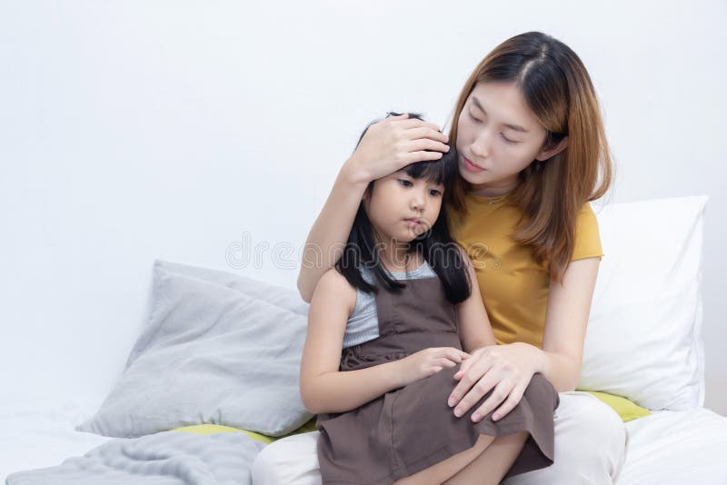 Mother Hug Her Sick Daughter on Her Bed Stock Image - Image of hand ...