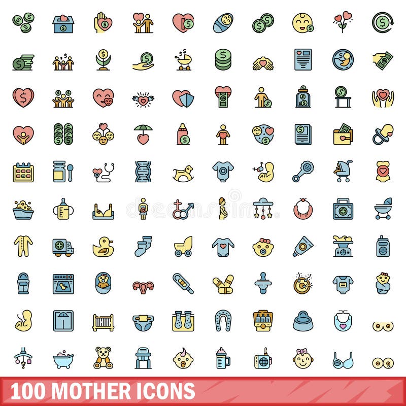 100 Mother Icons Set, Color Line Style Stock Illustration ...