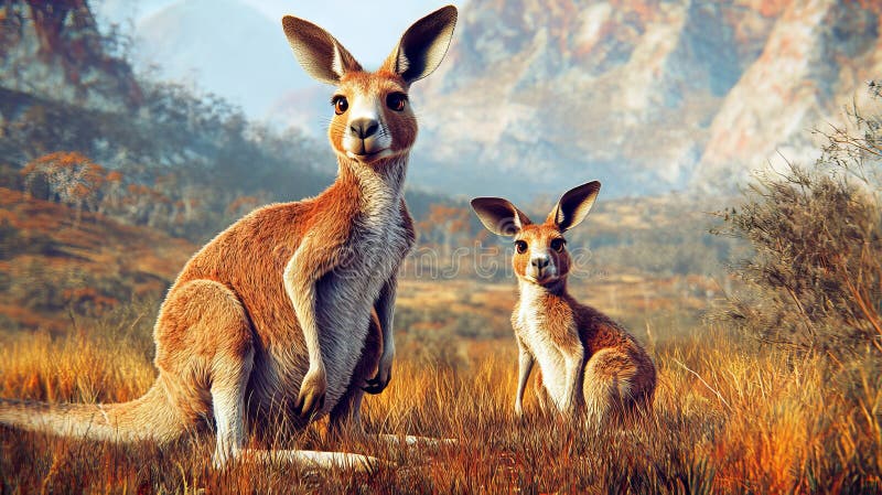 A Mother Kangaroo and Her Joey at Dusk in the Australian Outback Stock ...