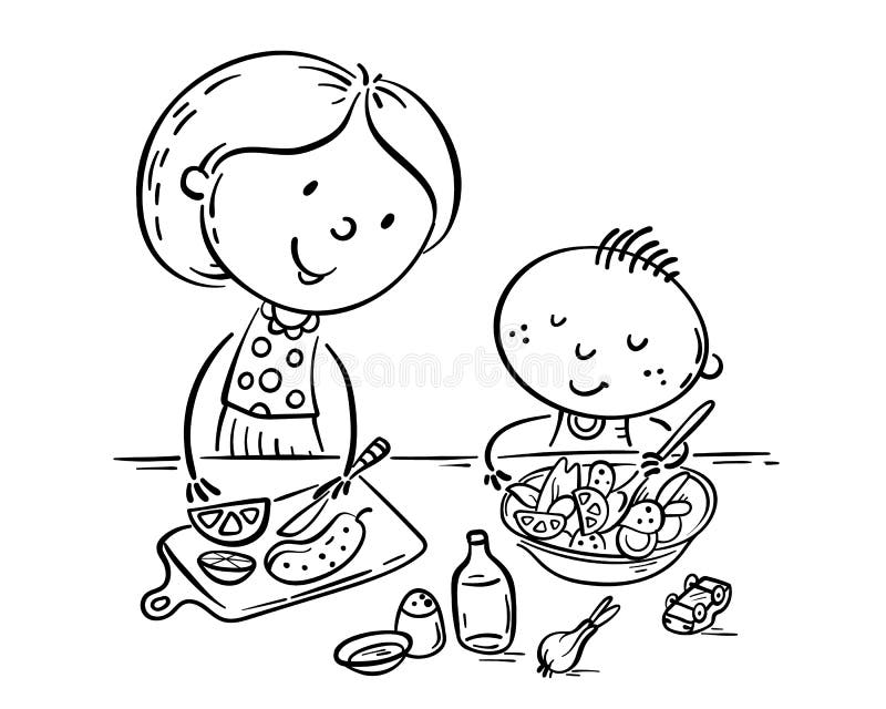 Mother and Kid Cooking, Outline Illustration Stock Vector ...