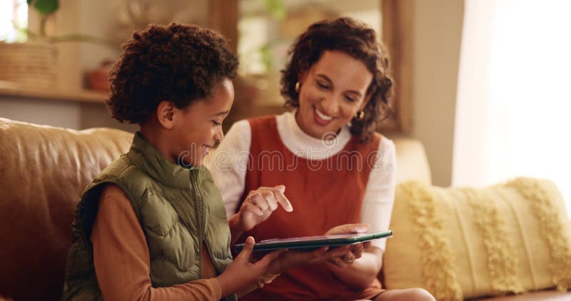 Mother, Kid and Game on Tablet in Home for Bonding, Child Development ...