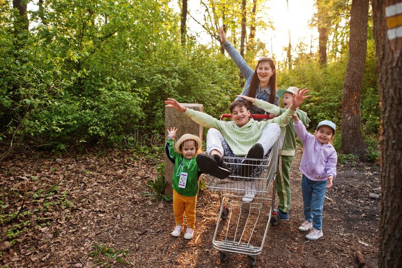 Mother and Kids with Trolley Having Fun in Forest Stock Photo - Image ...