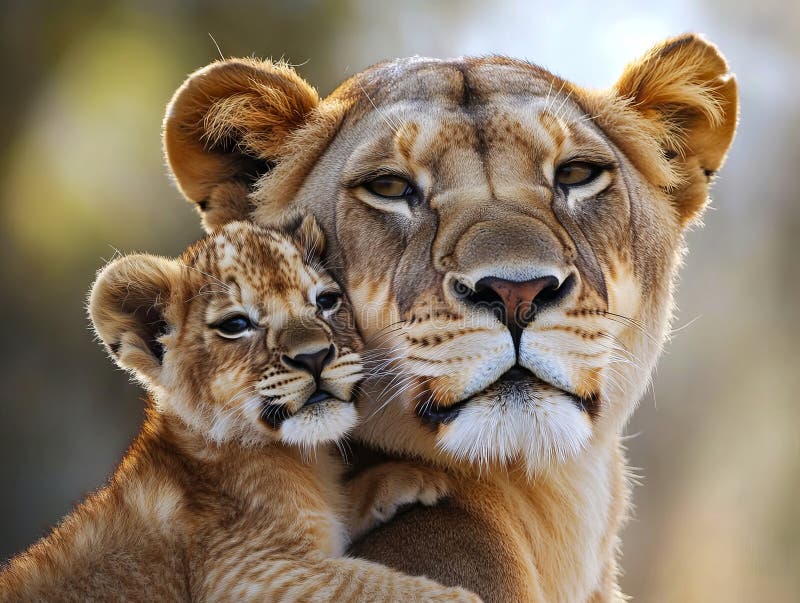 A Mother Lion and Her Cub are Cuddling Together Stock Photo - Image of ...