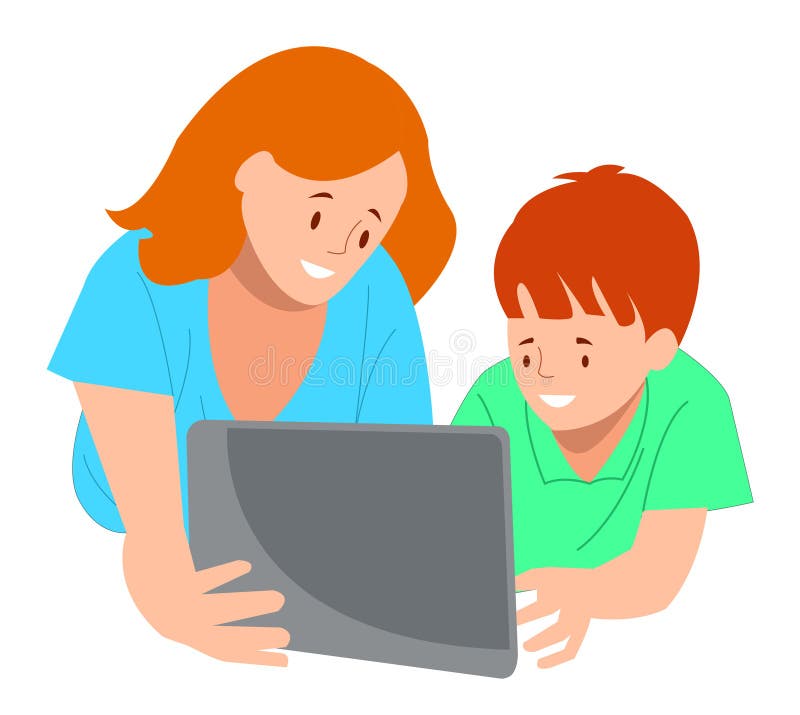 Mother and Little Boy at Home in Front of a Computer. Vector ...