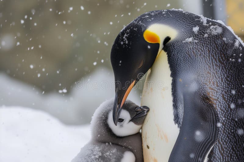 Mother Penguin Sheltering Baby Penguin from Snowfall Stock Photo ...