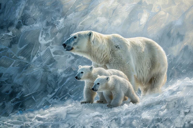 A Mother Polar Bear and Her Two Cubs are Shown in the Painting Stock ...