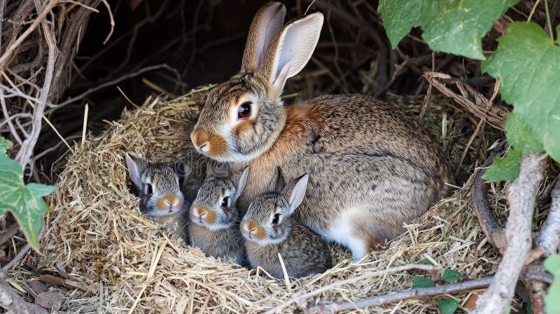 Mother Rabbit and Her Kits stock photo. Image of grass - 336543858