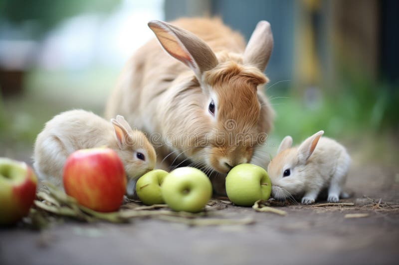 Mother Rabbit with Kits Eating Apples Stock Photo - Image of wildlife ...