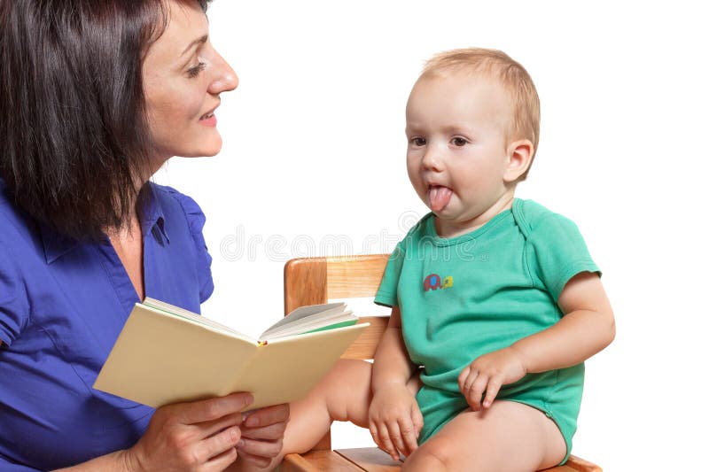 Mother Reading a Book To His Mischievous Kid. Isolated on White Stock ...