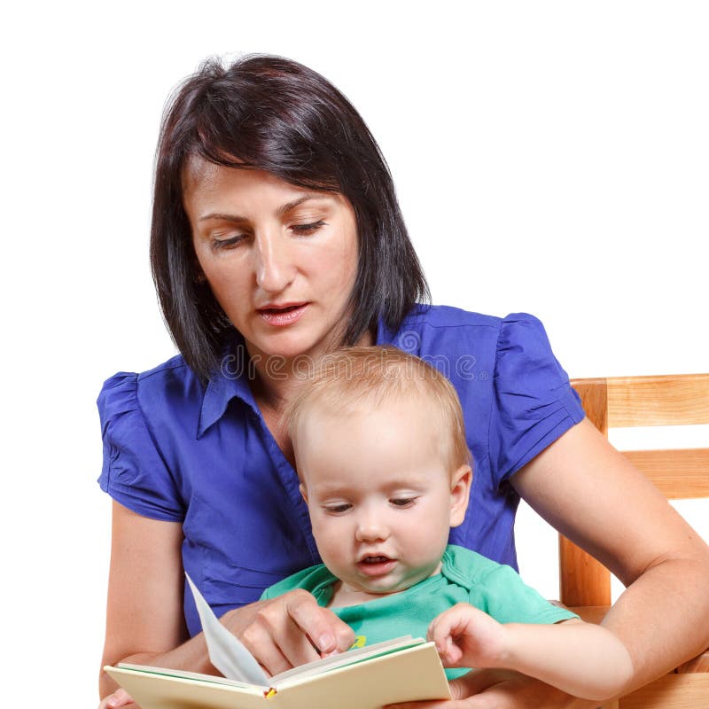 Mother Reading a Book To His Mischievous Kid. Isolated on White Stock ...