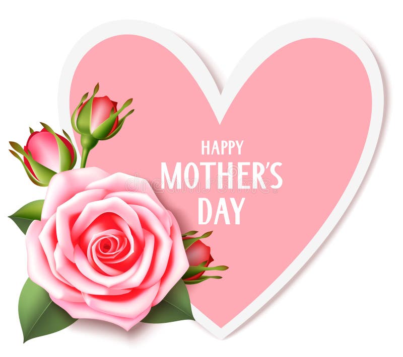 Mother`s Day Card With Pink Rose And Heart Isolated On White Happy