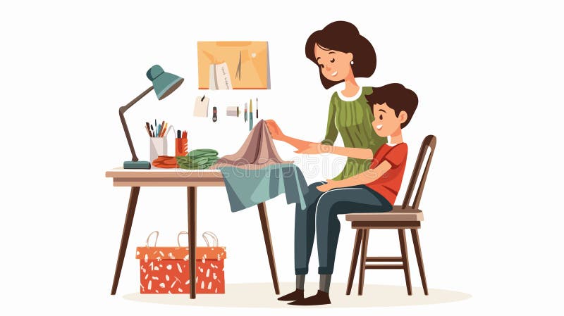 Mother Sewing Clothes for Son at Home, Vector Illustration. Stock ...
