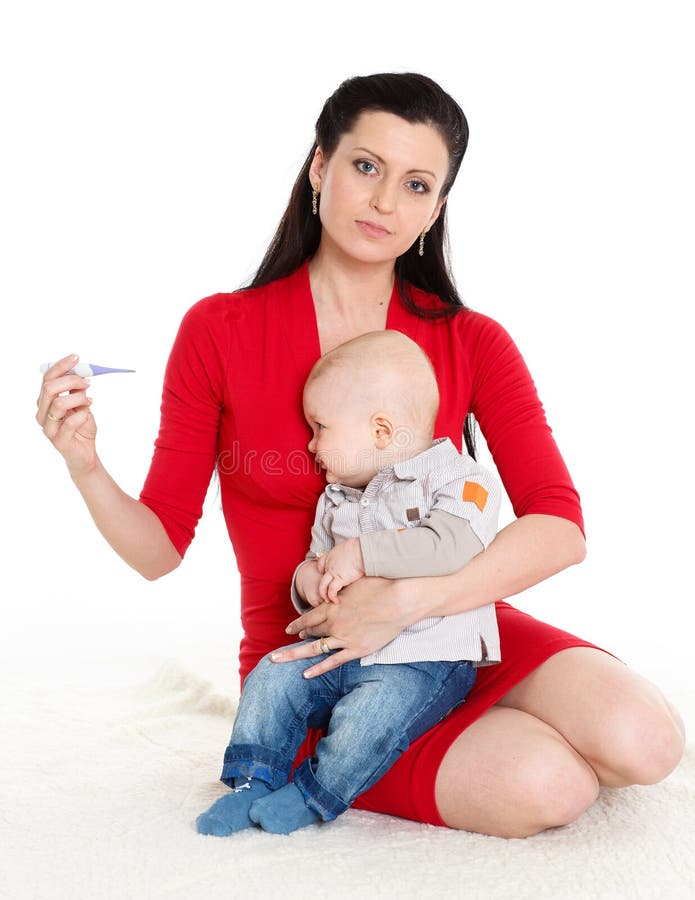 Mother with sick baby. stock photo. Image of measuring - 37396002