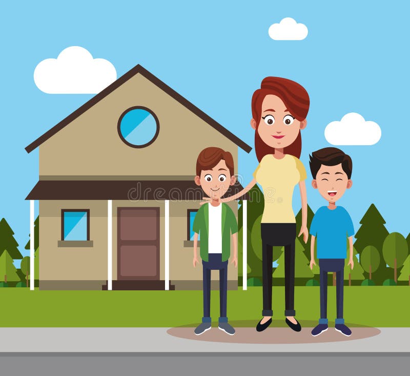 Mother with Son and Friend House Stock Illustration - Illustration of ...