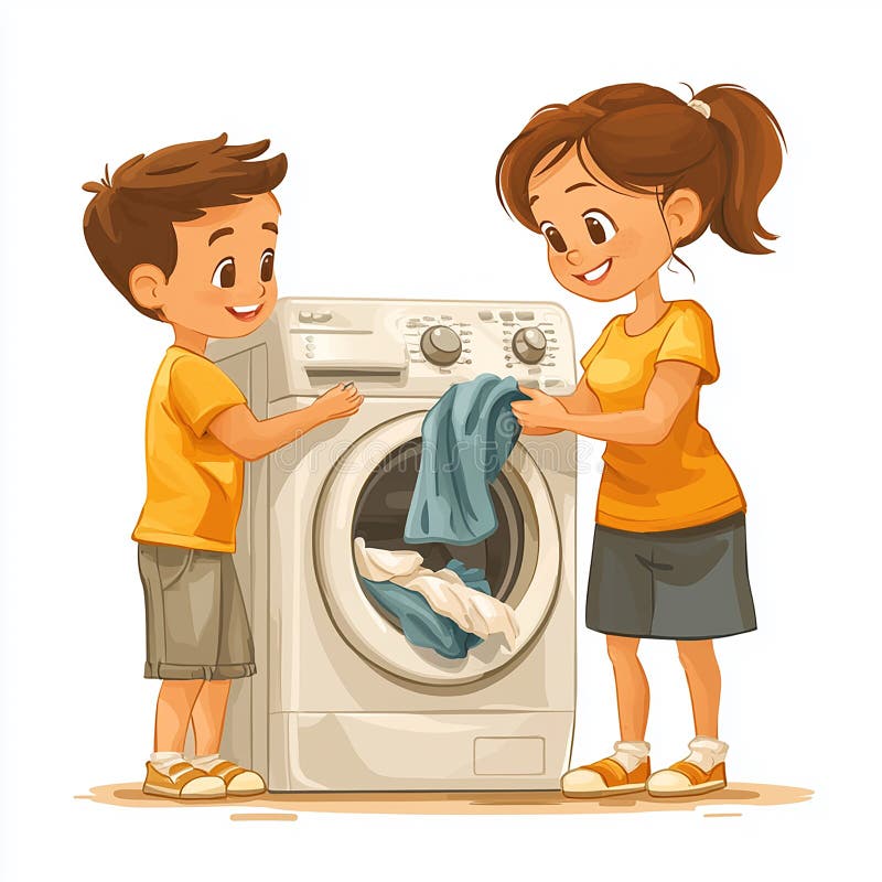 Mother and Son Joyfully Loading Clothes into a Washing Machine for ...
