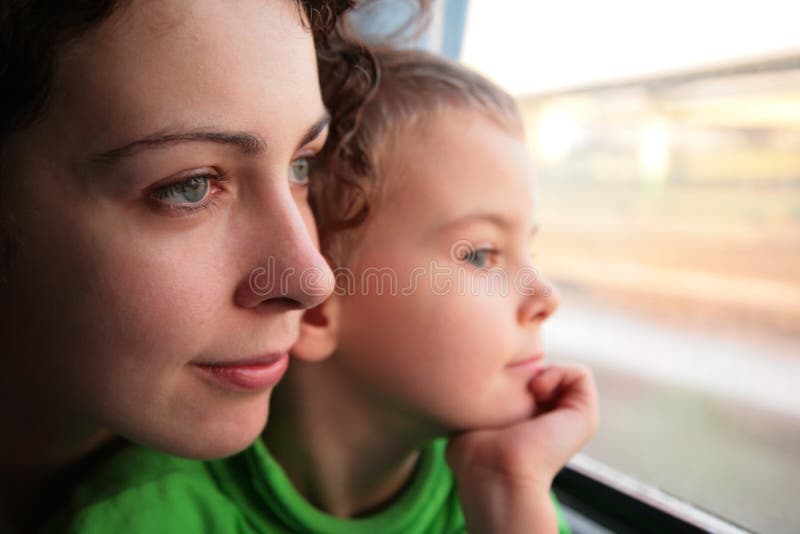 Mother and Son Look in Window Stock Image - Image of head, attitude ...