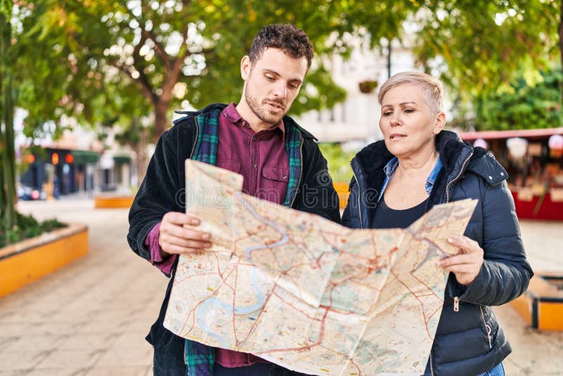 Mother and Son Looking City Map Standing Together at Park Stock Image ...