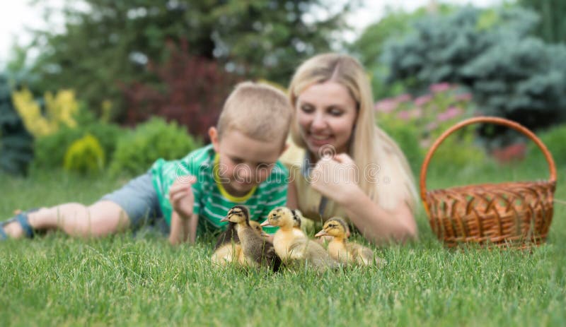 Mother and Son Lying on Grass and Looking Like a Little Duck Walk Stock ...
