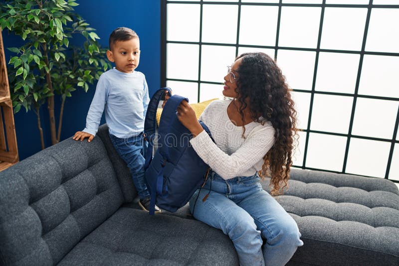 Mother and Son Prepare To Go To School at Home Stock Image - Image of ...