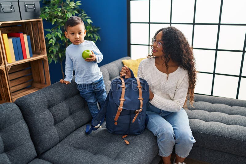 Mother and Son Prepare To Go To School at Home Stock Photo - Image of ...