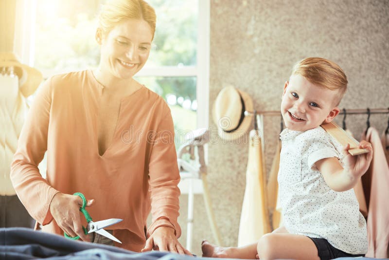 Mother and Son in Sewing Workshop Stock Image - Image of dressmaker ...