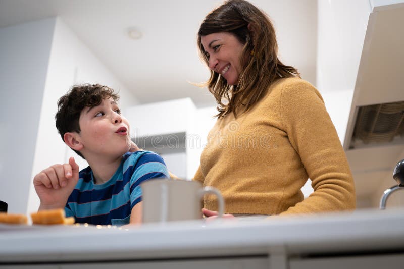 Mother Son Enjoying Breakfast Conversation Modern Kitchen Stock Photos ...