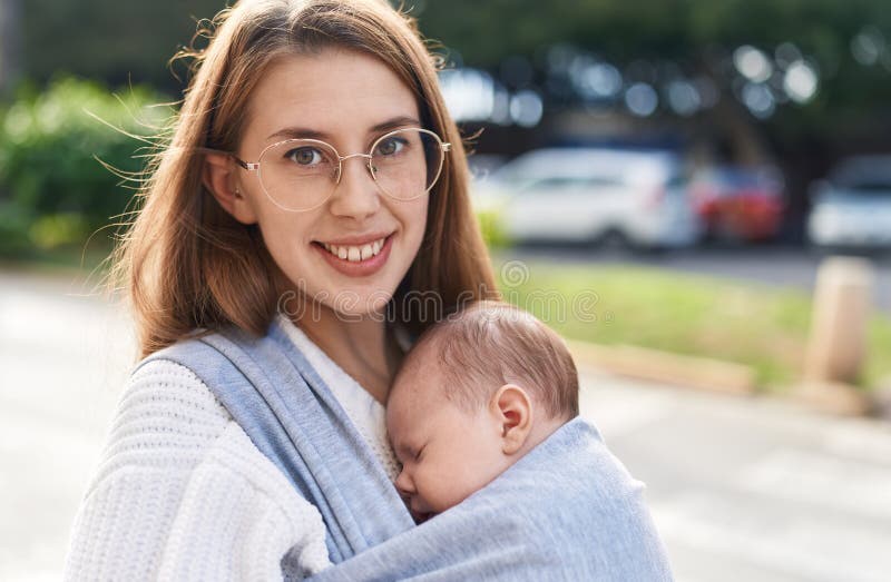 Mother and Son Sleeping Baby Standing at Street Stock Photo - Image of ...