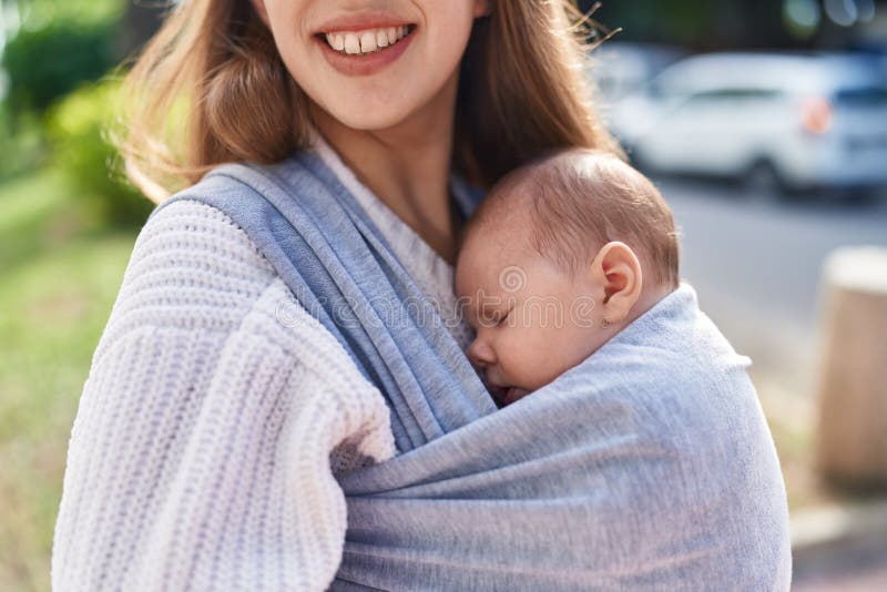 Mother and Son Sleeping Baby Standing at Street Stock Image - Image of ...