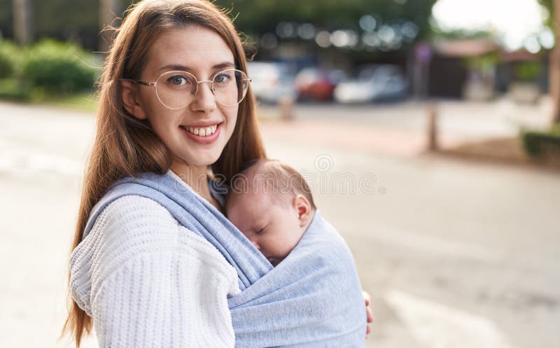 Mother and Son Sleeping Baby Standing at Street Stock Photo - Image of ...