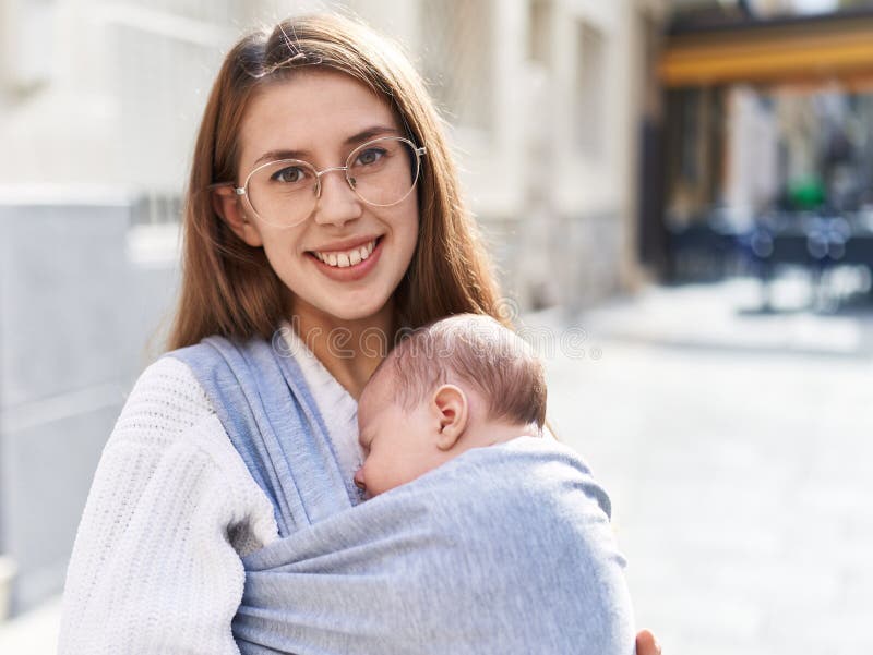 Mother and Son Sleeping Baby Standing at Street Stock Image - Image of ...