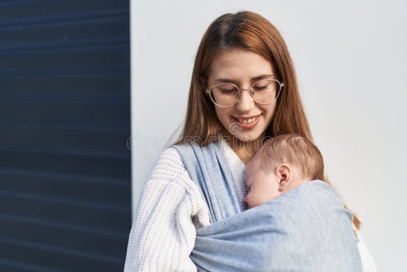 Mother and Son Sleeping Baby Standing at Street Stock Photo - Image of ...