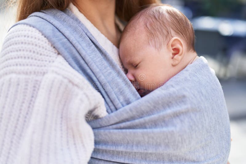 Mother and Son Sleeping Baby Standing at Street Stock Image - Image of ...