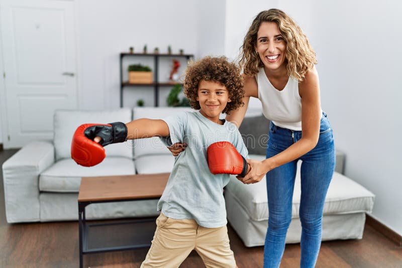 Mother and Son Smiling Confident Boxing at Home Stock Image - Image of ...