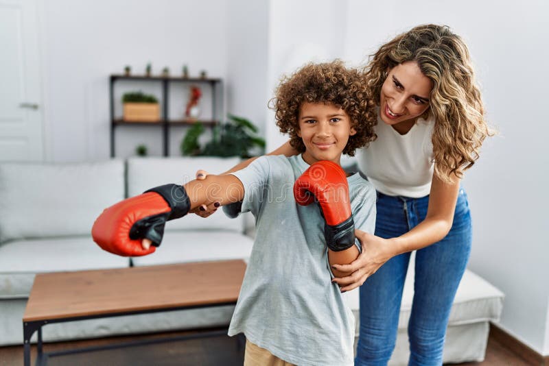 Mother and Son Smiling Confident Boxing at Home Stock Image - Image of ...