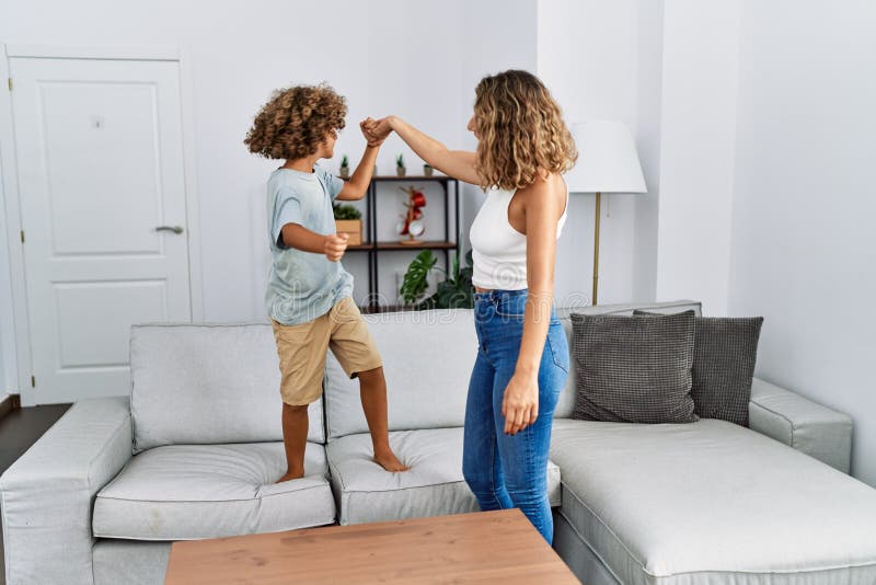 Mother and Son Smiling Confident Dancing at Home Stock Image - Image of ...