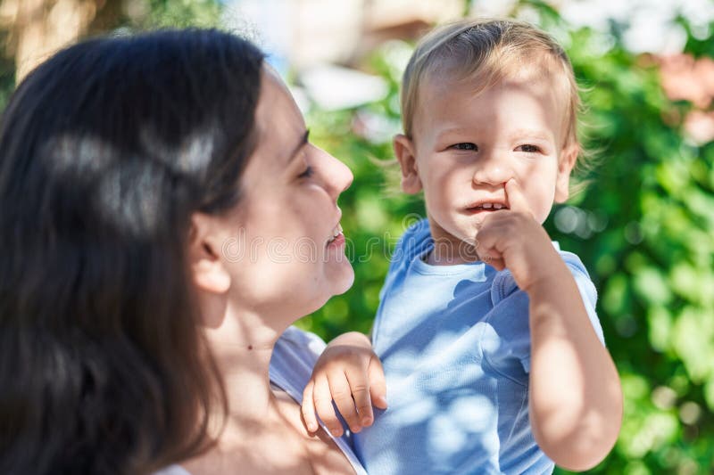 Mother and Son Smiling Confident Standing at Park Stock Image - Image ...
