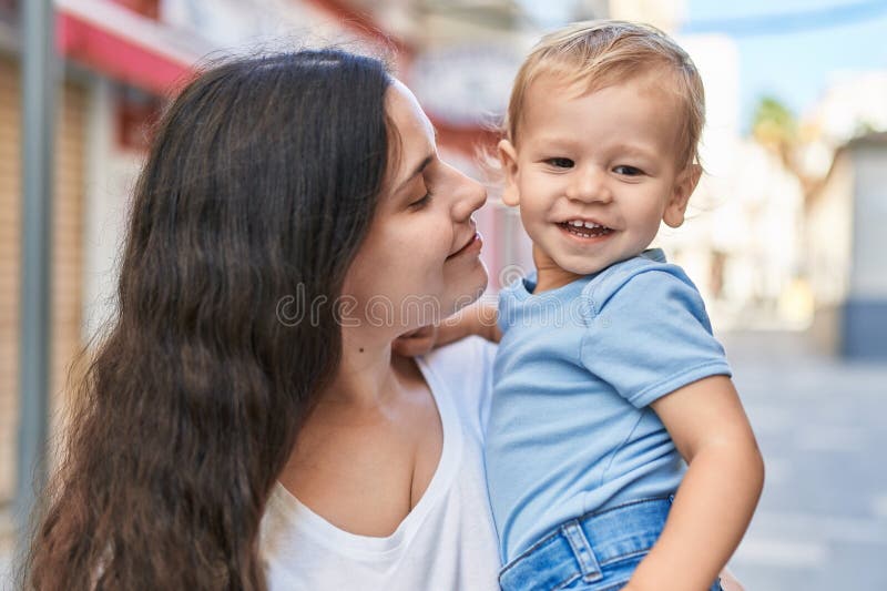Mother and Son Smiling Confident Standing at Street Stock Image - Image ...