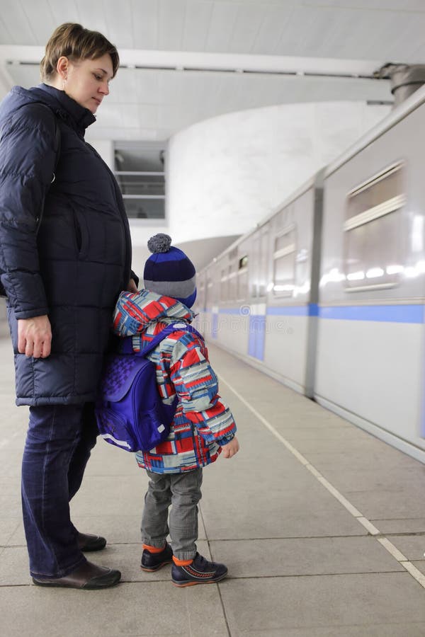 Mother with Son on Subway Platform Stock Image - Image of journey ...