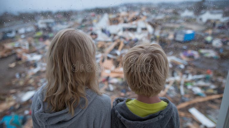 A Mother and Son are Surveying the Aftermath of a Devastating Natural Disaster Stock Photo ...