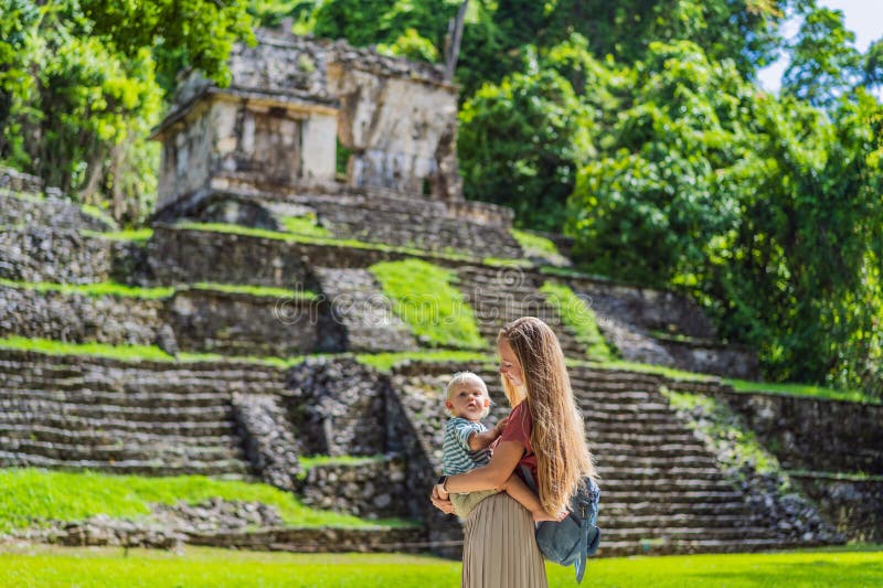 Mother and Son Tourists Exploring the Ancient Pyramids of Palenque ...