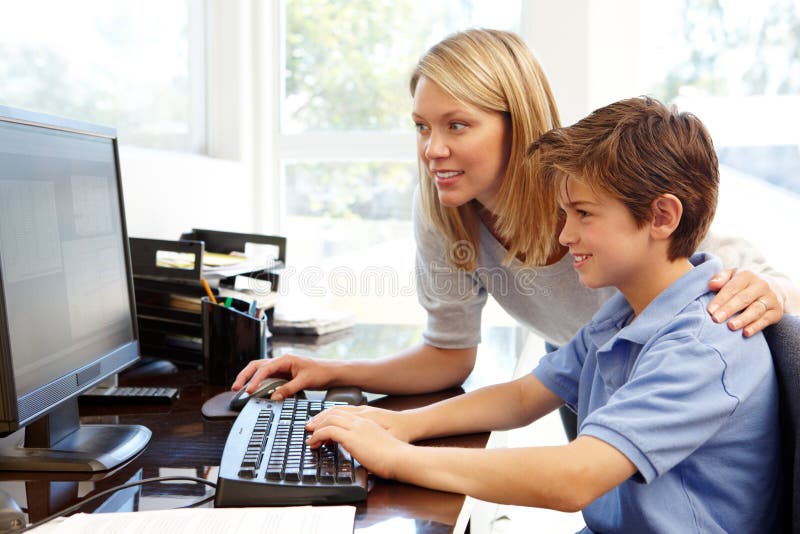 Mother and Son Using Computer at Home Stock Image - Image of keyboard ...